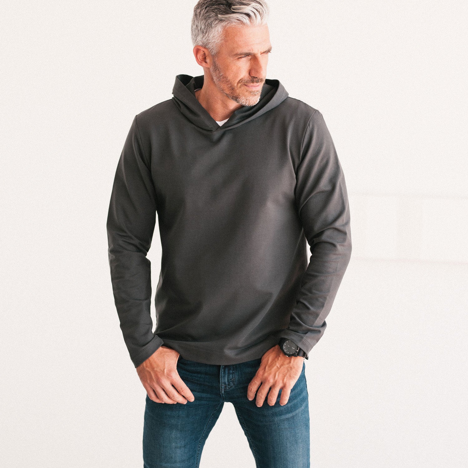 Men's Modern Hoodie - Long Sleeves in Gray Stretch French Terry | Batch