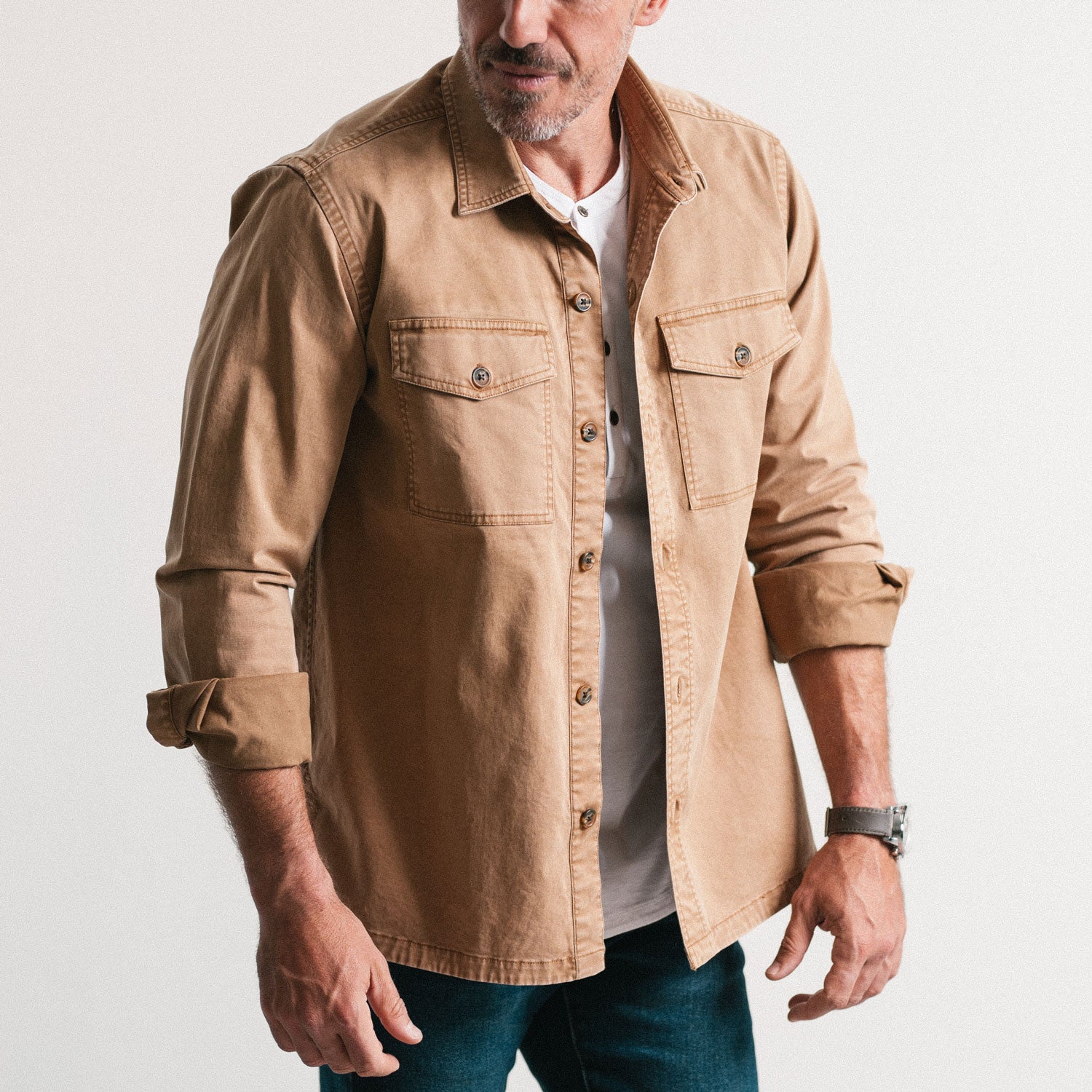 Men's Utility Button Down Over Shirt in Khaki Heavy Weight Twill | Batch