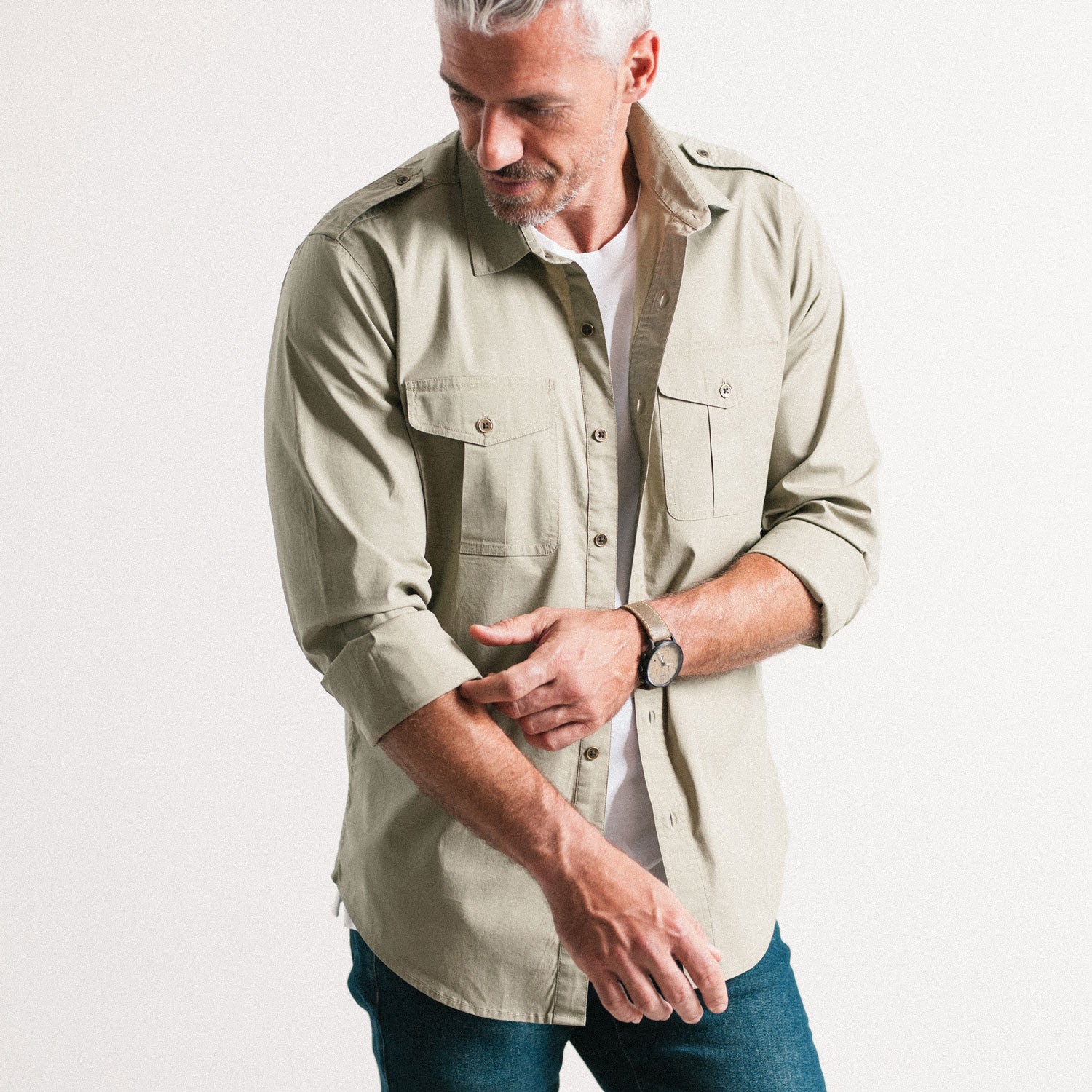 Men's Utility Shirt - Guide in Light Fatigue Green Stretch Poplin | Batch