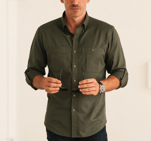 Men's Utility Shirt - Fixer in Olive Green Cotton Twill | Batch